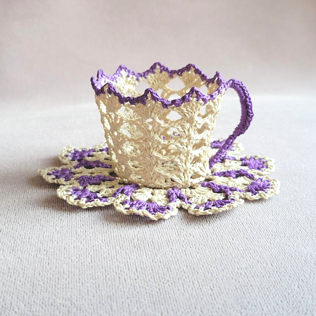 Beige Teacup with Purple Trim – Lost Art Crochet MA