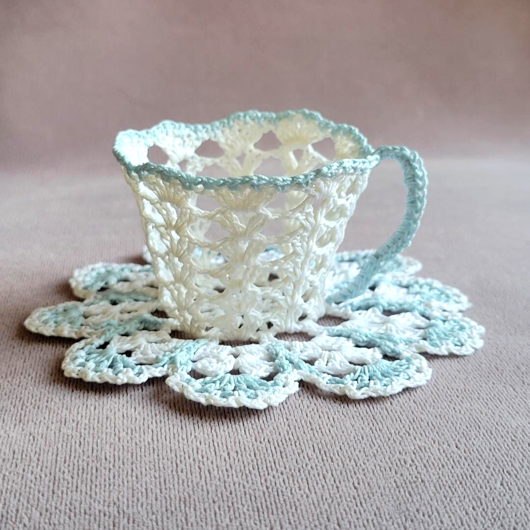 White Teacup with Baby Blue Trim – Lost Art Crochet MA